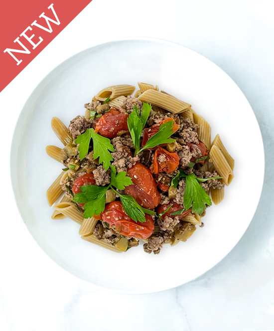 Grecian Beef Crumble with Penne Pasta and Roasted Tomatoes – The Good ...